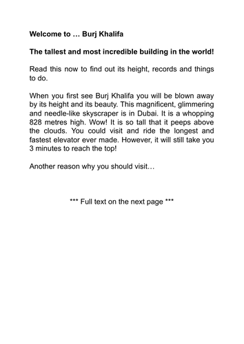Talk 4 Writing model text Welcome to Burj Khalifa - nonfiction ...