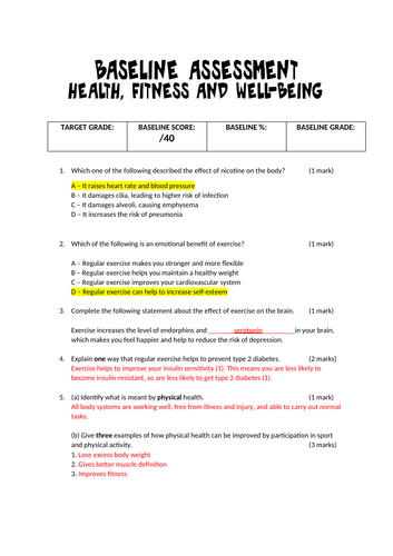 Health Fitness and Wellbeing Topic Test | Teaching Resources