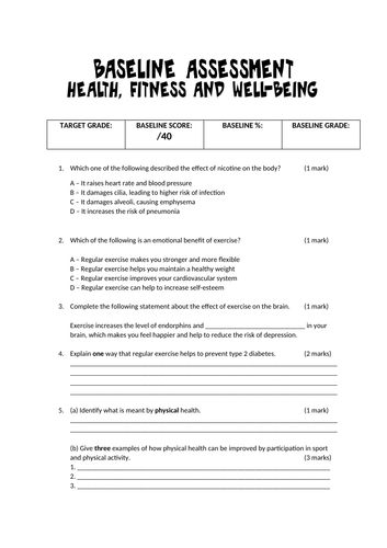 Health Fitness and Wellbeing Topic Test | Teaching Resources