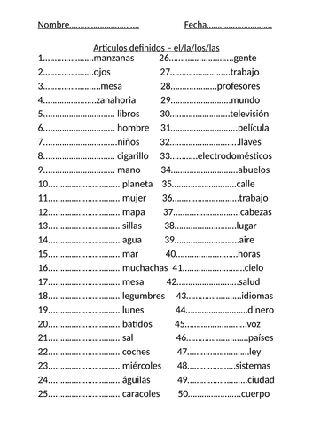 Artículos Definidos (el/la/los/las) | Teaching Resources