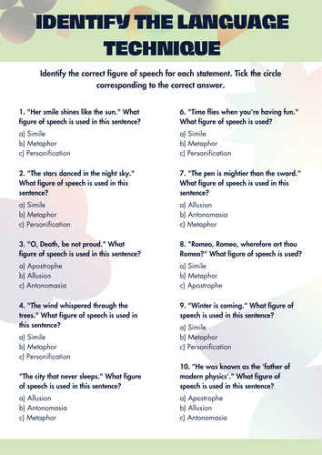 Identifying language techniques worksheet | Teaching Resources