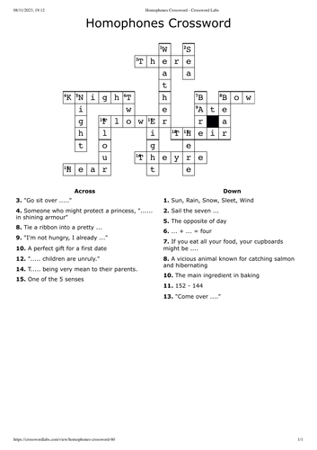 Homophones Crossword | Teaching Resources