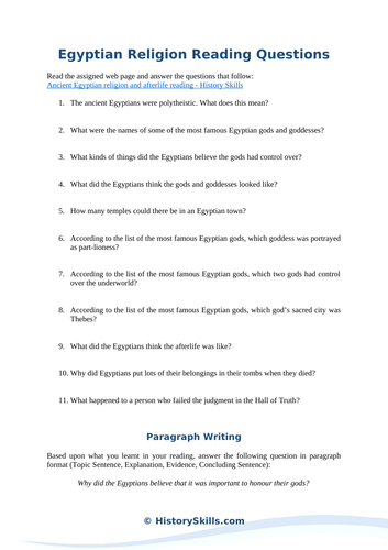 Egyptian Religion Reading Questions Worksheet | Teaching Resources