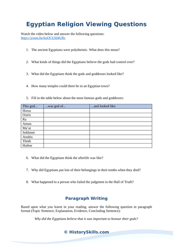 Egyptian Religion Video Viewing Questions Worksheet | Teaching Resources