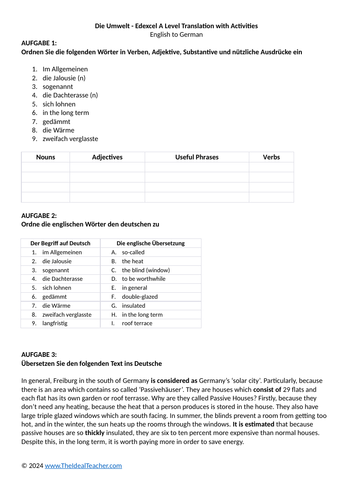 A Level German - Environment Translation | Teaching Resources