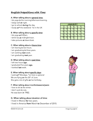 English Prepositions with Time: ESL /ELL/EFL (Handout + Worksheet ...