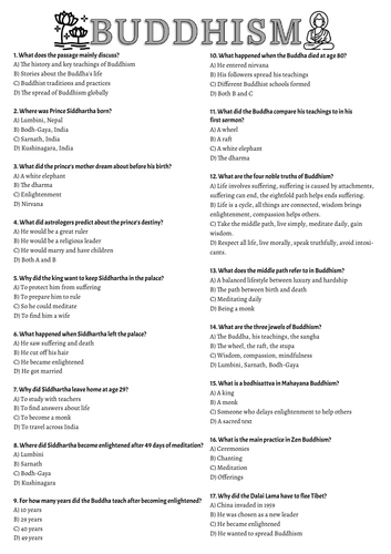Buddhism Reading Comprehension | Teaching Resources