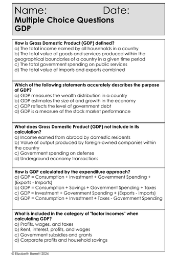 A Level Economics - Questions Worksheet - Theme 2.1 - Gross Domestic ...