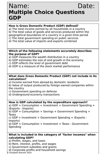 A Level Economics - Questions Worksheet - Theme 2.1 - Gross Domestic ...