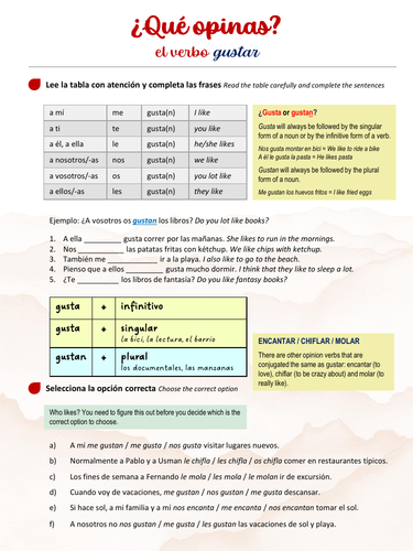 GCSE Spanish Practice - OPINIONS gustar | Teaching Resources