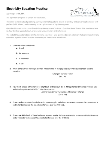 Electricity Equation Practice | Teaching Resources