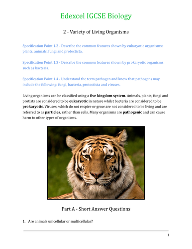Edexcel IGCSE Biology Worksheets Chapter 1 - Living Organisms ...