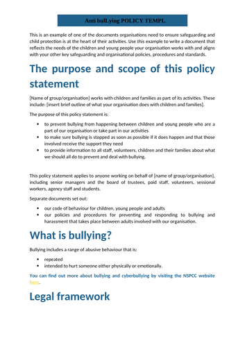 Policy - Anti Bullying Policy Template | Teaching Resources