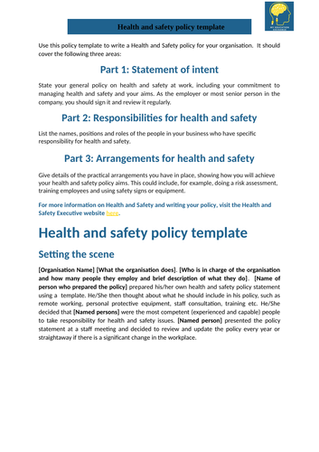 Health and Safety Policy Template | Teaching Resources