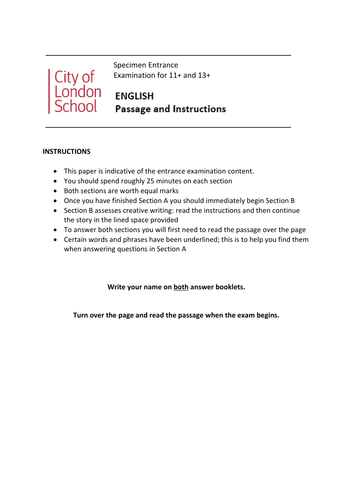 City of London 11+ 13+ Boys English practice papers | Teaching Resources