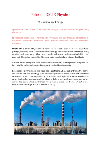 Edexcel IGCSE Physics Worksheets Chapter 4 - Energy Resources and ...