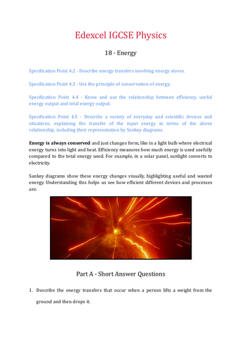 Edexcel IGCSE Physics Worksheets Chapter 4 - Energy Resources and Transfer | Teaching Resources
