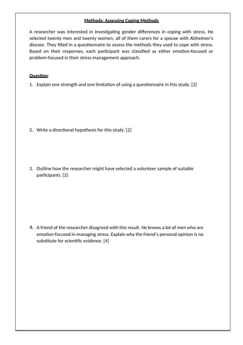 A-Level Psychology - GENDER DIFFERENCES IN COPING WITH STRESS [Stress Topic] | Teaching Resources