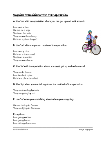 English Prepositions with Transportation: ESL / ELL / EFL (Handout ...