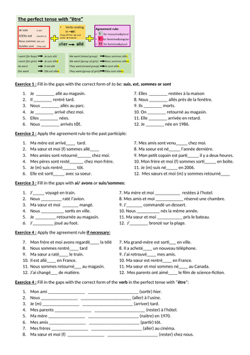 Worksheet - Perfect tense with ETRE (JE/IL/ELLE/NOUS/ILS/ELLES ...