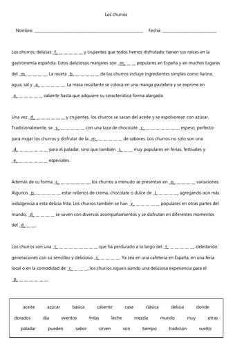 Spanish Food Cloze, differentiated x 4: churros | Teaching Resources