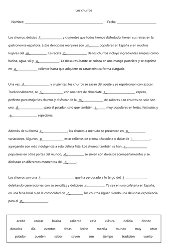 Spanish Food Cloze, differentiated x 4: churros | Teaching Resources