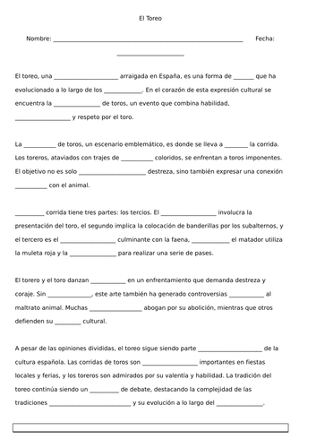 Spanish cloze, differentiated x4: The Bullfight | Teaching Resources