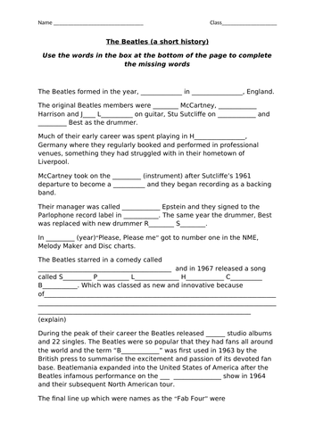 The Beatles - A short history comprehension sheet. | Teaching Resources