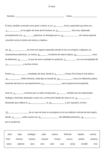 Spanish cloze differentiated x4: El Jerez | Teaching Resources