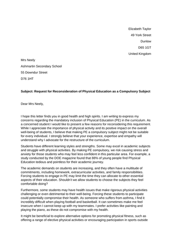 Paper 2 Question 5 Writing a Letter PE mandatory in schools | Teaching ...