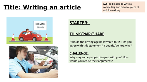Writing an article on the driving age being changed to 16 | Teaching ...