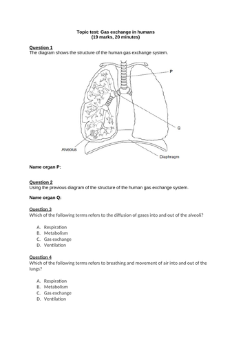 AQA topic tests: Gas exchange in humans, insects and fish and surface ...