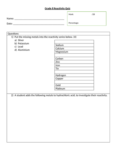 Reactivity Quiz | Teaching Resources