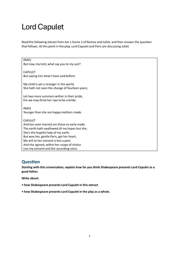 Romeo & Juliet, Lord Capulet Question &Answer | Teaching Resources