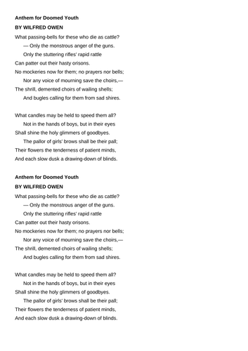 Anthem For Doomed Youth by Wilfred Owen | Teaching Resources