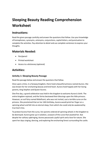 Sleeping Beauty Reading Comprehension Worksheet | Teaching Resources