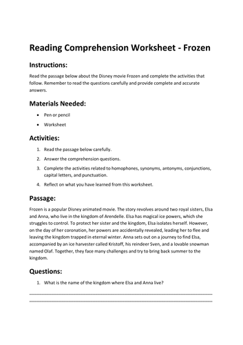Reading Comprehension Worksheet - Frozen | Teaching Resources