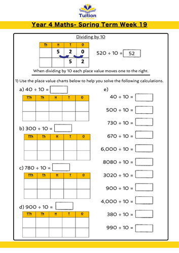 Year 4 - Dividing by 10 and 100 | Teaching Resources