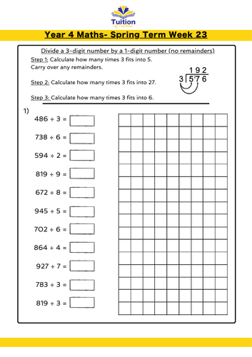 Year 4 - Dividing a 3-digit number by a 1- digit number | Teaching ...