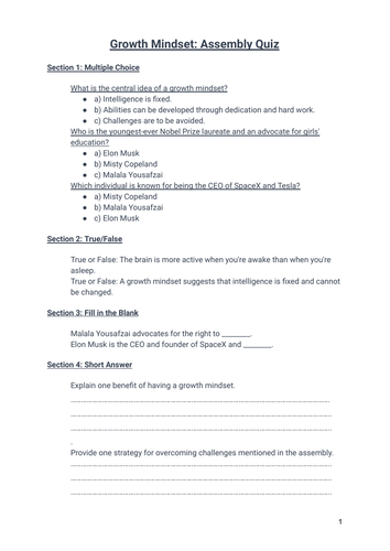 Growth Mindset Assembly/Tutor Time | Teaching Resources