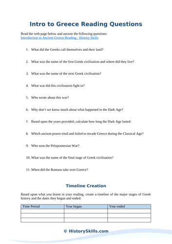 Introduction to Ancient Greece Reading Questions Worksheet | Teaching ...