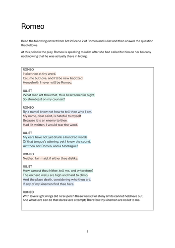 Romeo & Juliet, Exam Question & Answer - Romeo | Teaching Resources