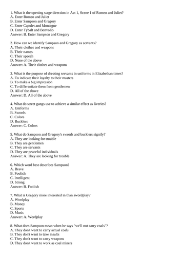 Romeo & Juliet, MCQs for Act 1, Scene 1 | Teaching Resources
