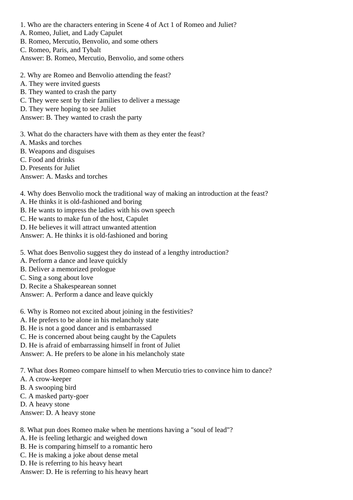 Romeo & Juliet, MCQs for Act 1, Scene 4 | Teaching Resources
