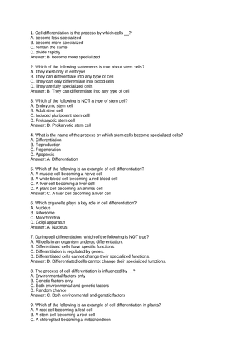 GCSE MCQs on Cell Differentiation | Teaching Resources