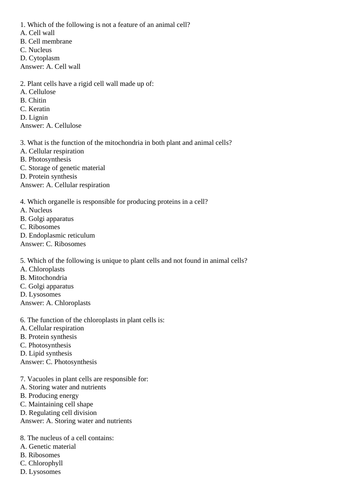 GCSE MCQs on Animal and Plant cells | Teaching Resources