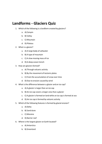 Landforms - Glaciers Quiz/Assessment | Teaching Resources