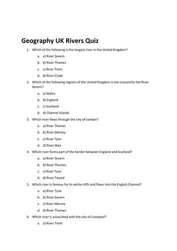 UK Rivers Quiz/Assessment | Teaching Resources