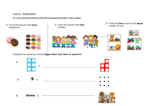 Year 1 - comparing using language: bigger, less, equal too | Teaching ...