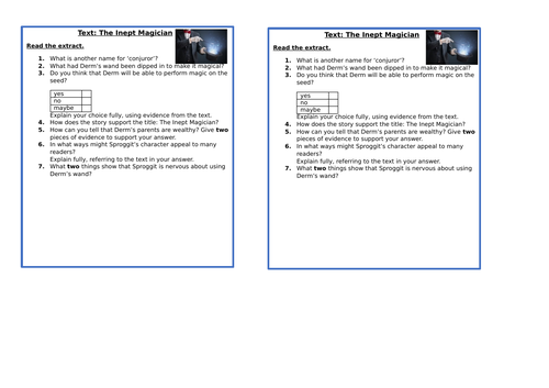 Year 6 SATs Style Comprehension Questions - The Inept Magician ...